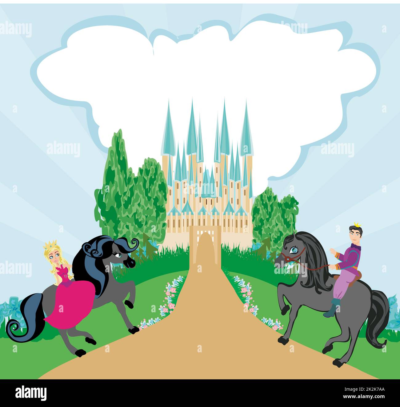 Princess and prince riding on a horse Stock Photo - Alamy