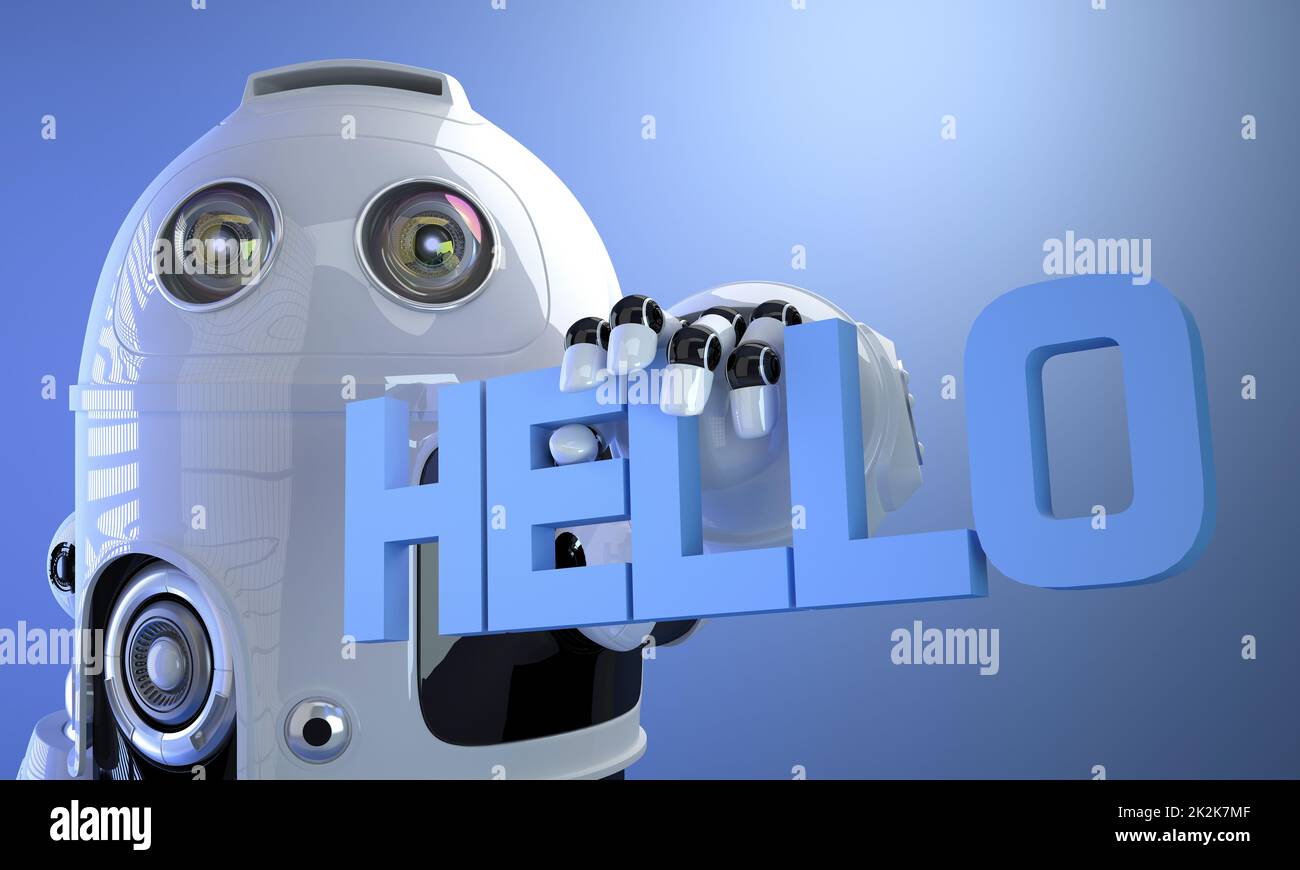 Robot holding HELLO sign. Technology concept Stock Photo - Alamy