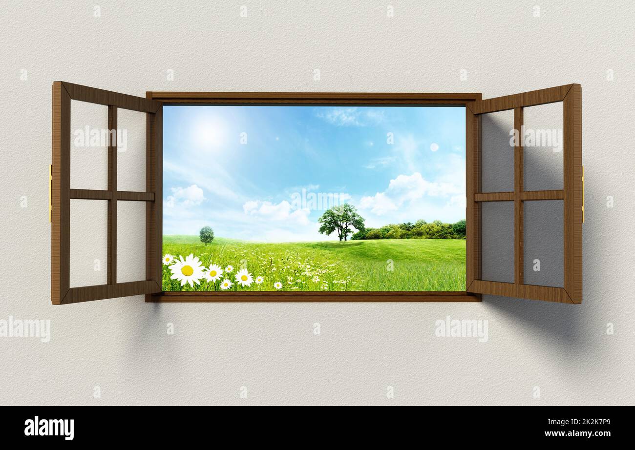 Open windows with a nice green field view. 3D illustration Stock Photo ...