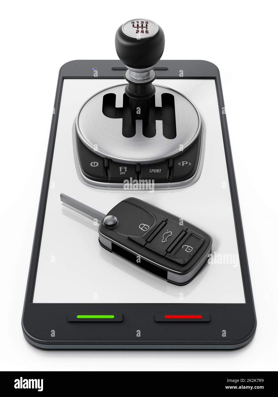 Car manual transmission and key standing on smartphone. 3D illustration ...