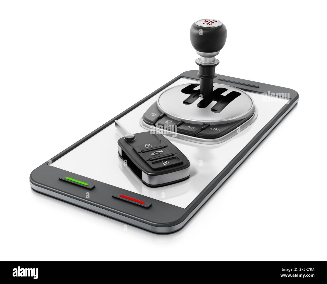 Car manual transmission and key standing on smartphone. 3D illustration ...