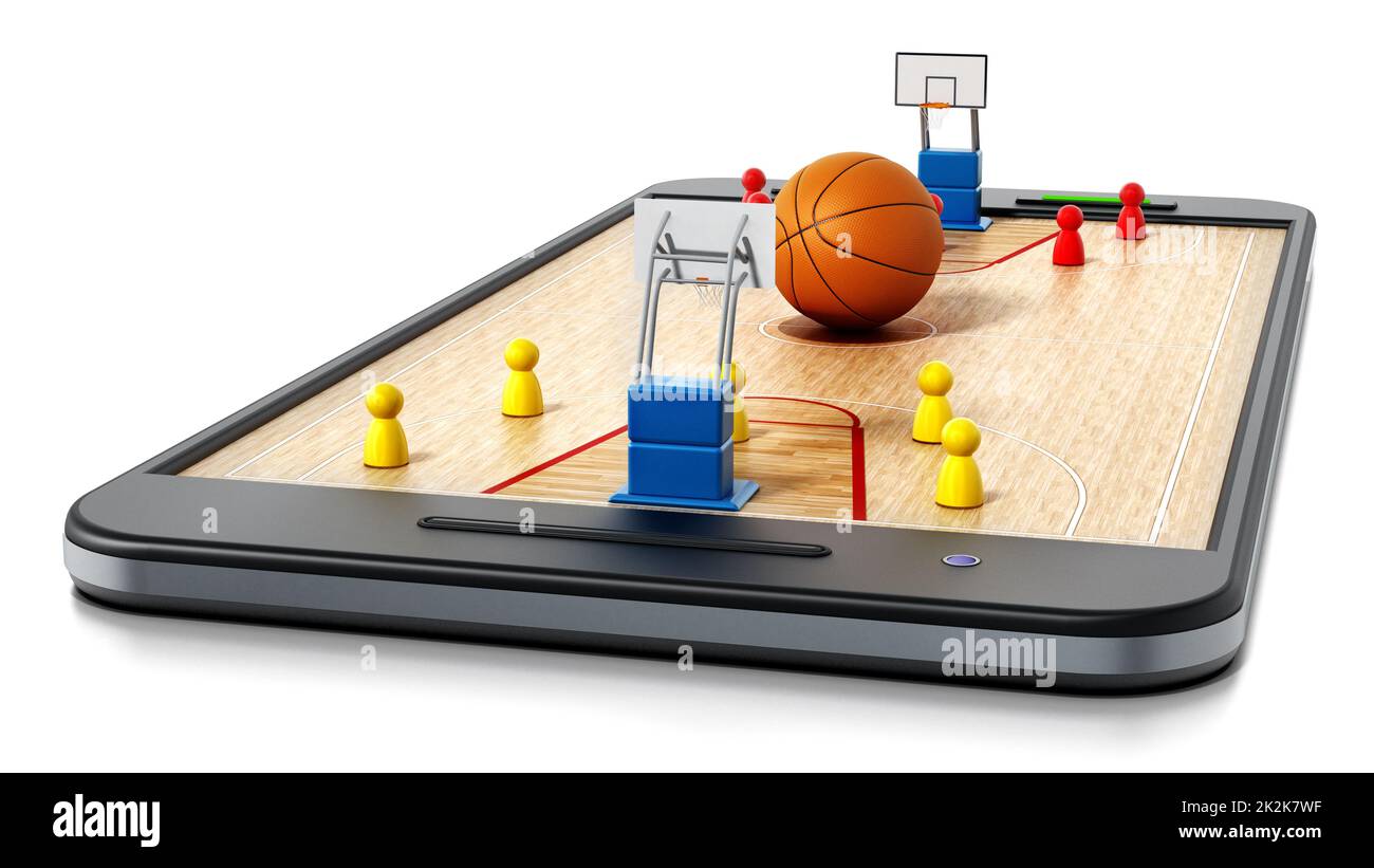 Basketball court, hoops and players standing on smartphone. 3D ...