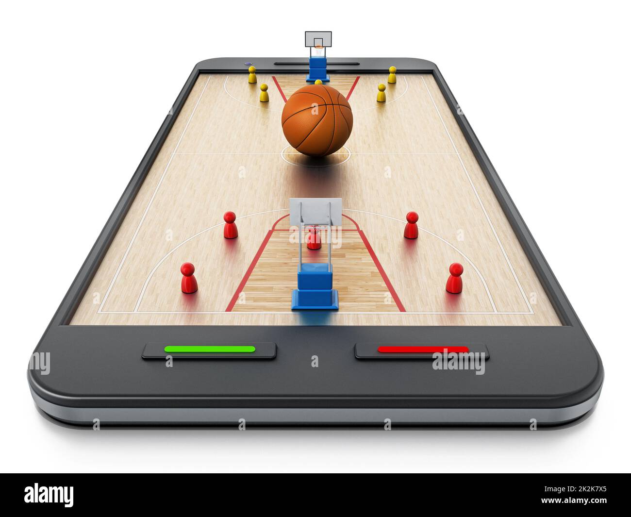 Basketball court, hoops and players standing on smartphone. 3D ...