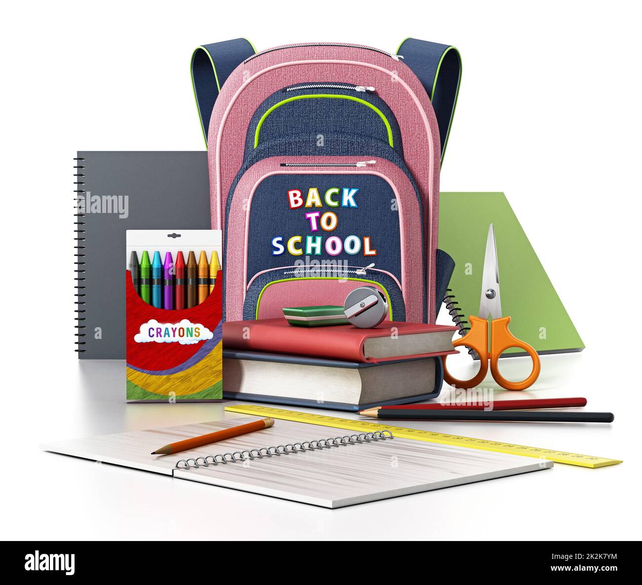 School backpack and objects isolated on white background. 3D ...