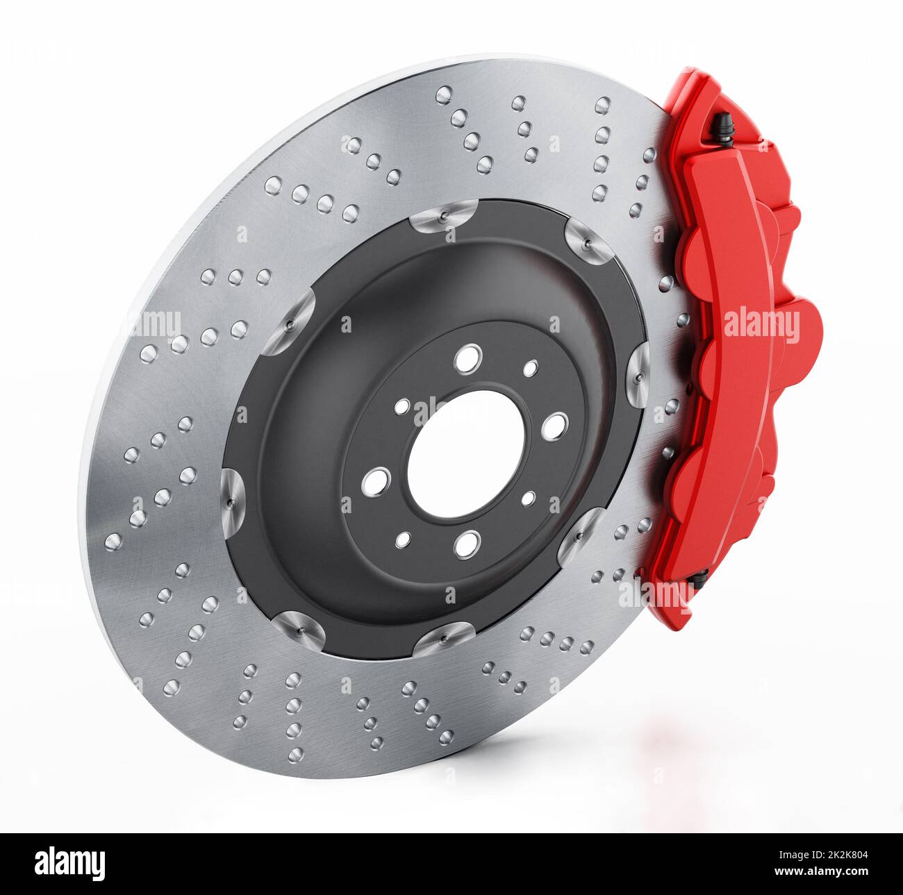 Car brake disc and red caliper isolated on white background. 3D ...