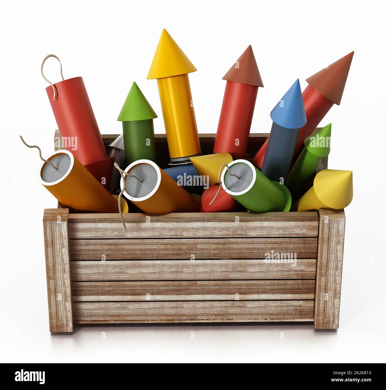 Fireworks standing inside wooden crate. 3D illustration Stock Photo - Alamy
