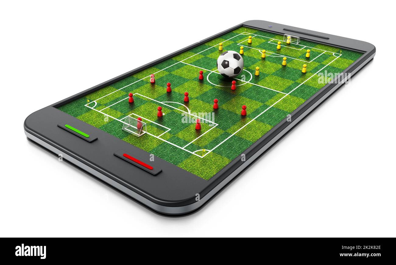 Smartphone with soccer field, football and pawns. 3D illustration Stock ...