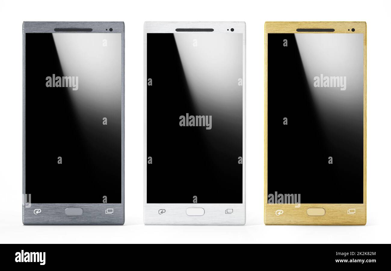 Three smartphones with blank screens. 3D illustration Stock Photo - Alamy