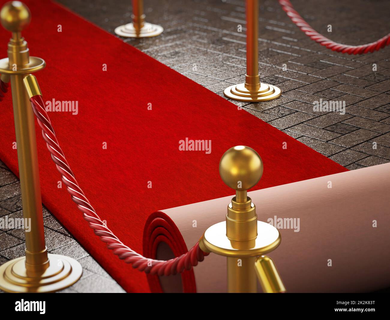 Red carpet and velvet ropes on gala night background. 3D illustration ...