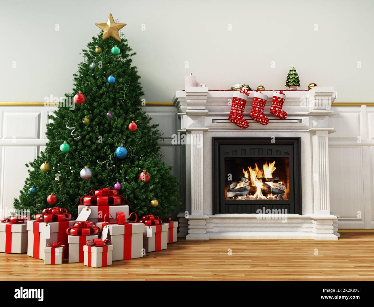 Christmas tree beside burning fireplace. 3D illustration Stock Photo ...
