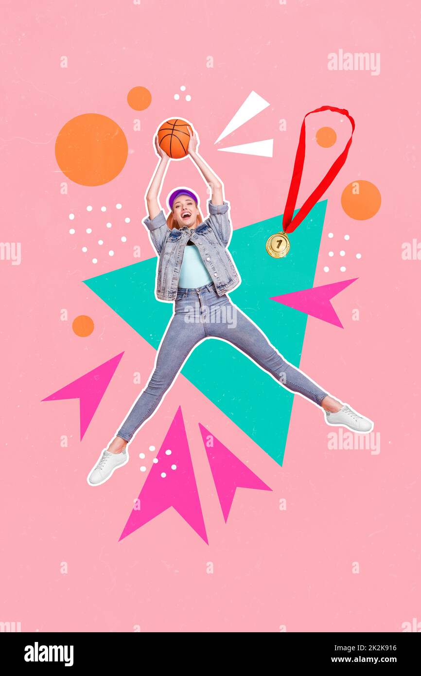 Vertical collage image of overjoyed happy girl jump arms hold ...