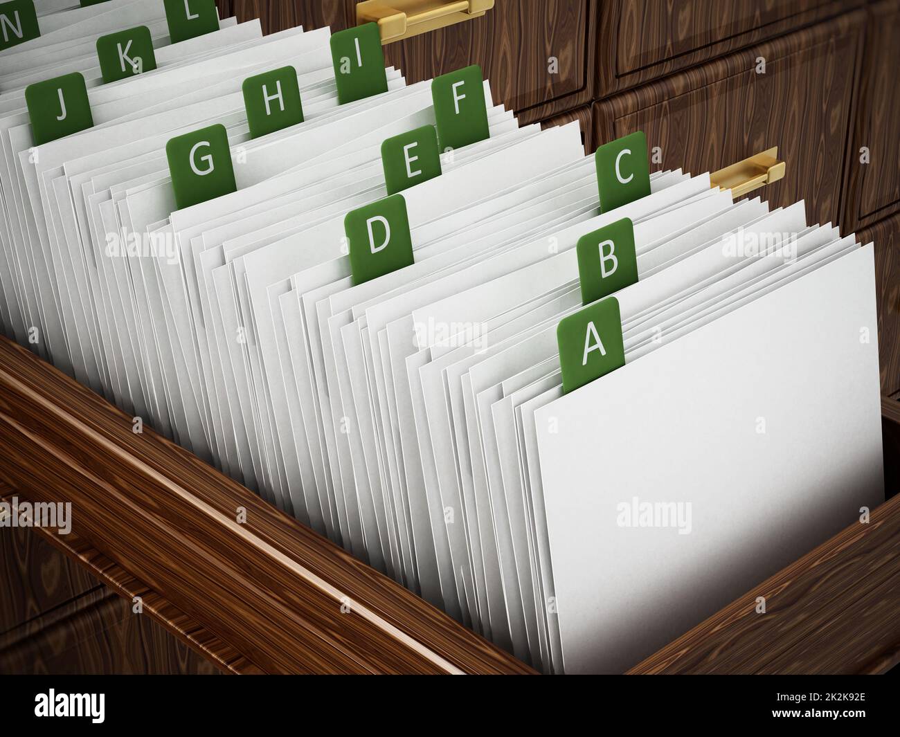 Library catalogue wooden drawer with letters. 3D illustration Stock ...