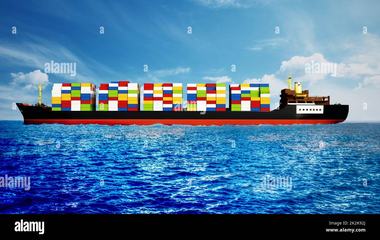 Cargo ship loaded with multi colored containers. 3D illustration Stock ...