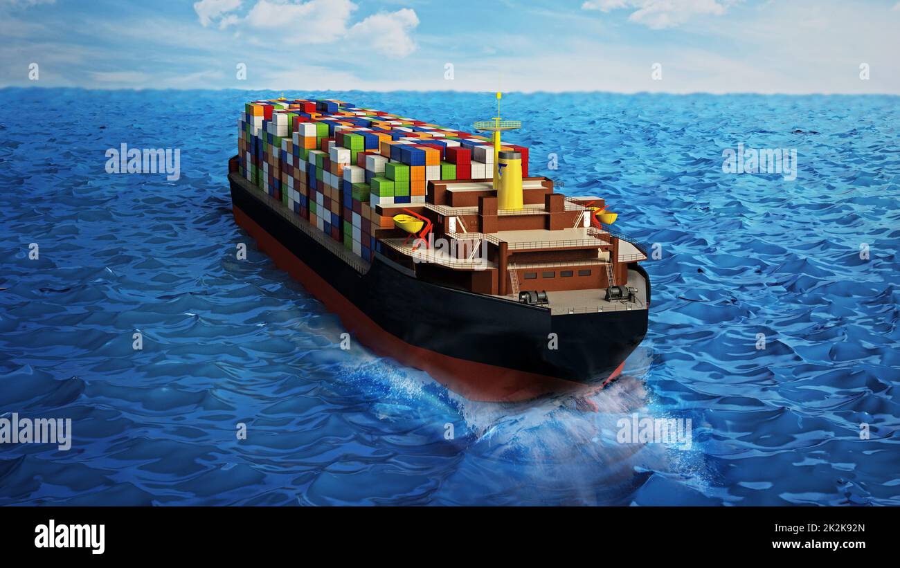 Cargo ship loaded with multi colored containers. 3D illustration Stock ...