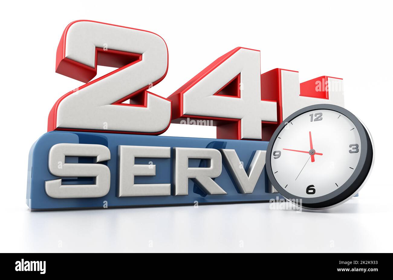 24 hours open text and clock isolated on white background. 3D ...