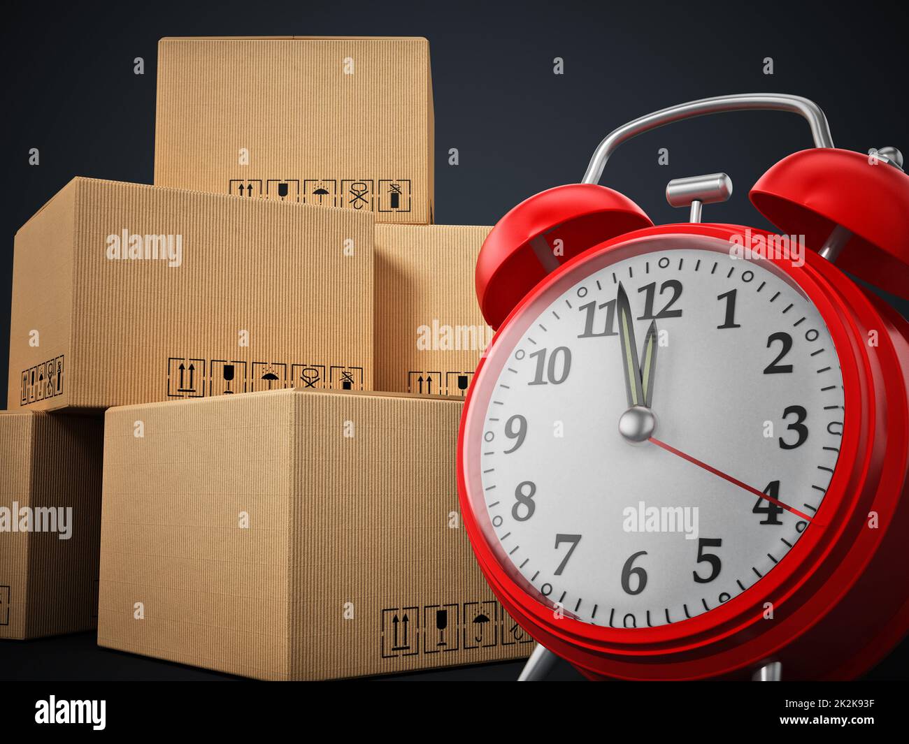 Cargo boxes and alarm clock standing on black background. 3D ...