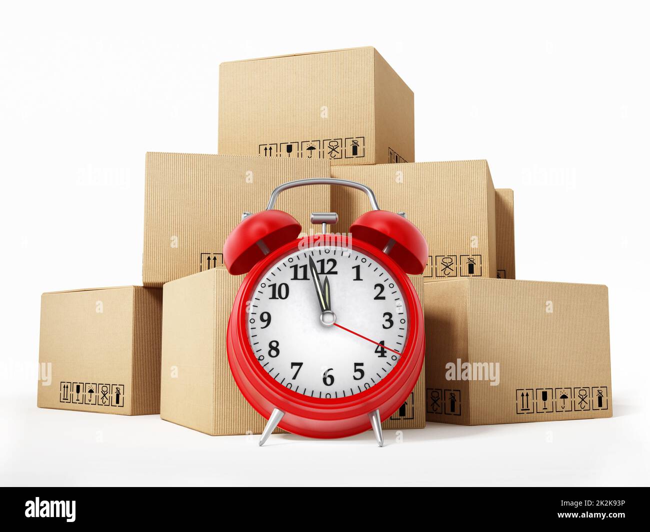 Cargo boxes and alarm clock isolated on white background. 3D ...