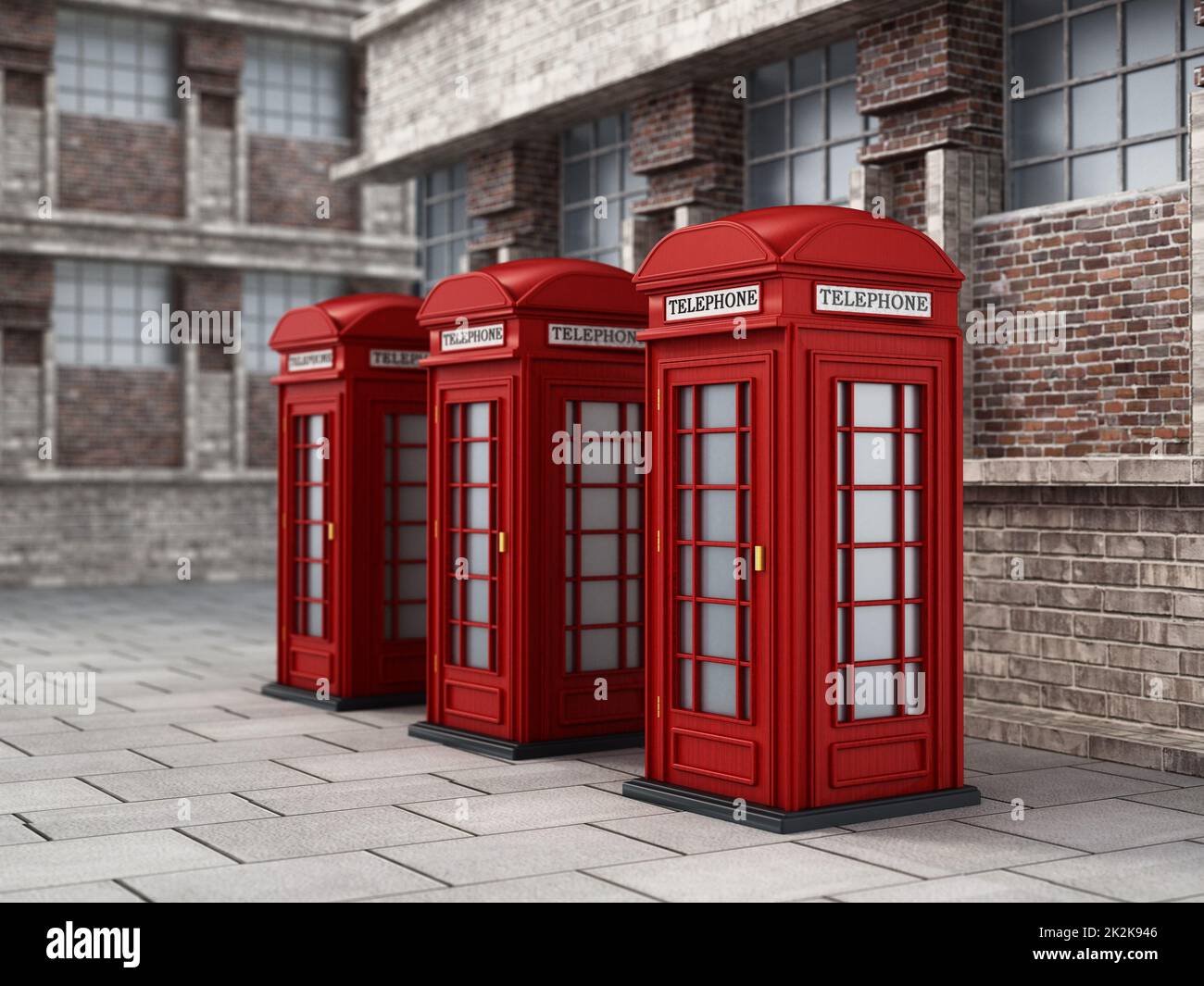 Red British phone booths in the street. 3D illustration Stock Photo - Alamy