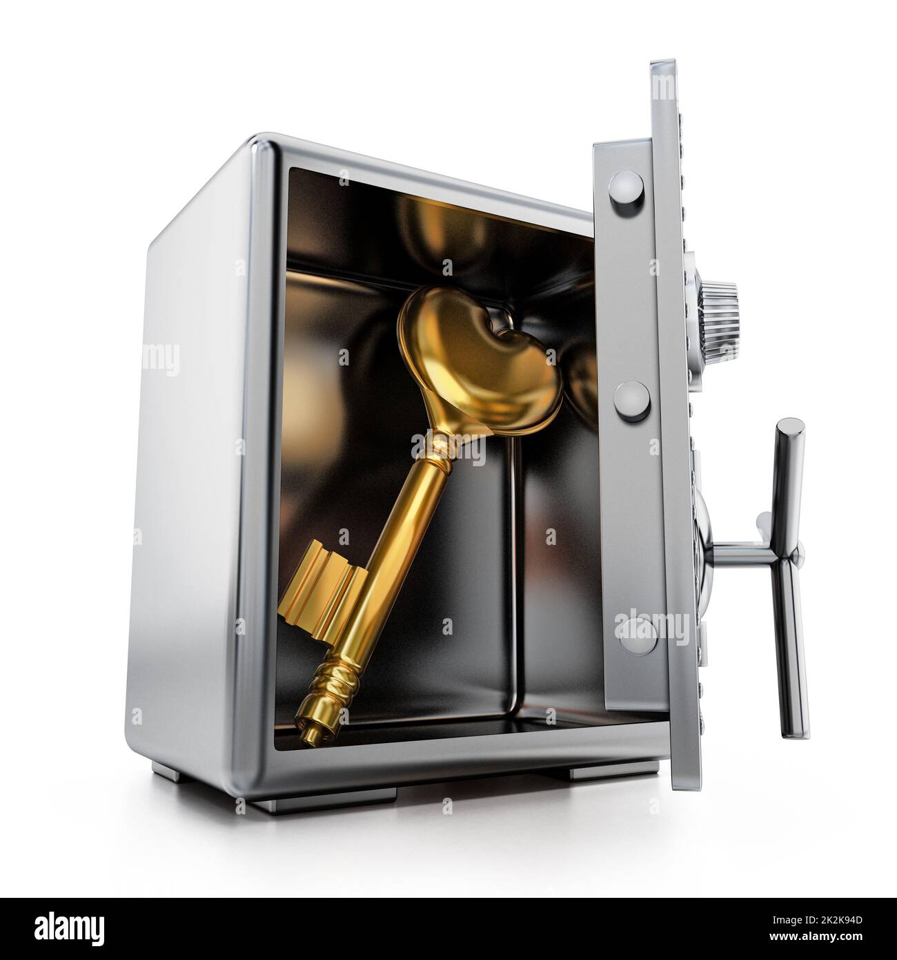 Gold key with heart shape inside steel safe. 3D illustration Stock ...