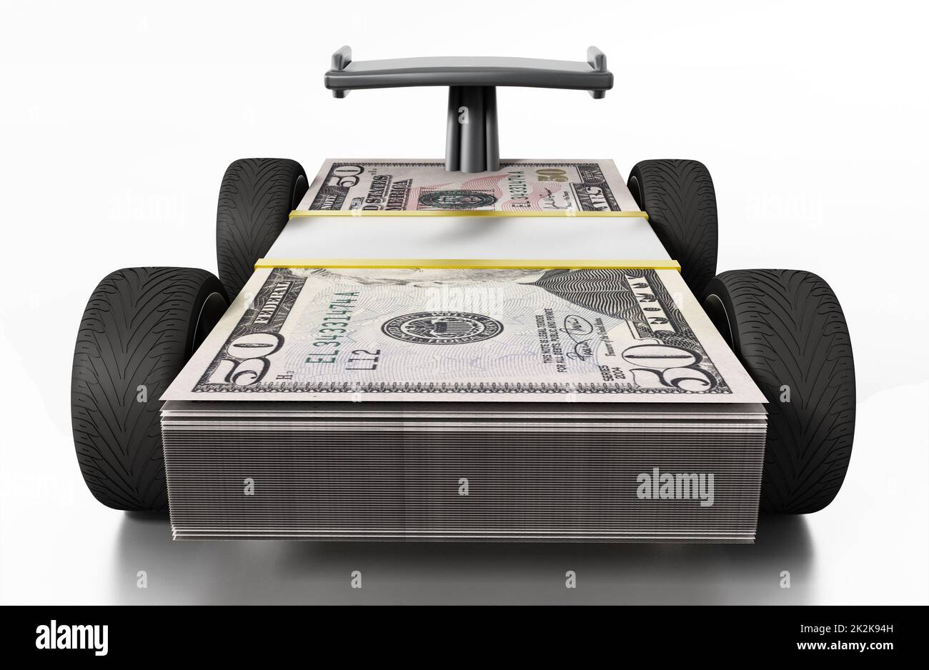 Race tyres and spoiler connected to 50 dollar bills. 3D illustration ...