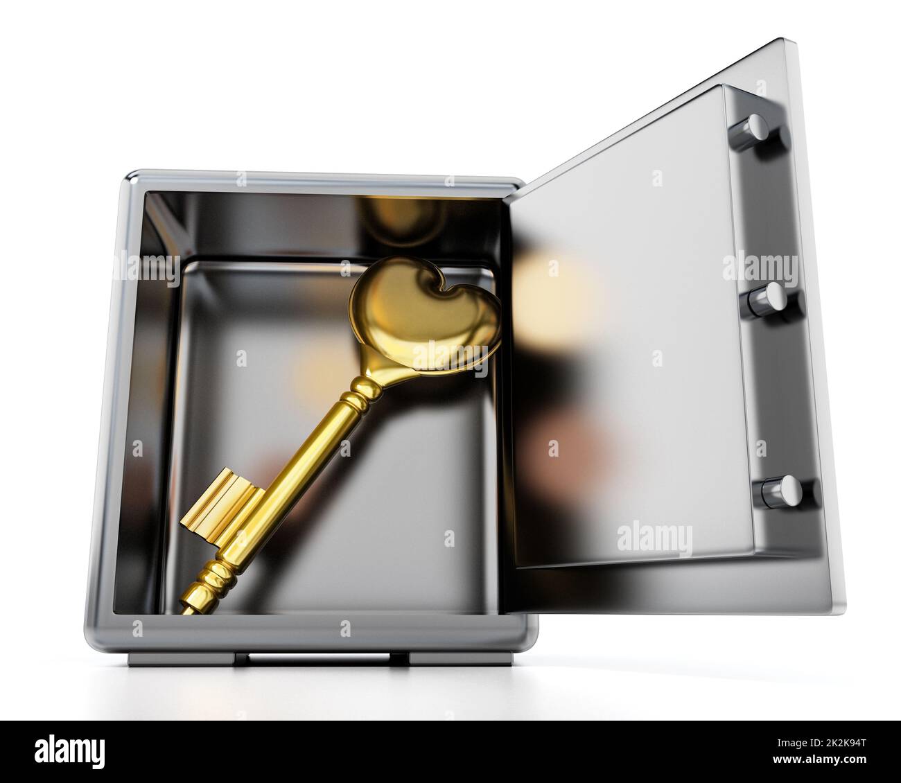 Gold key with heart shape inside steel safe. 3D illustration Stock ...