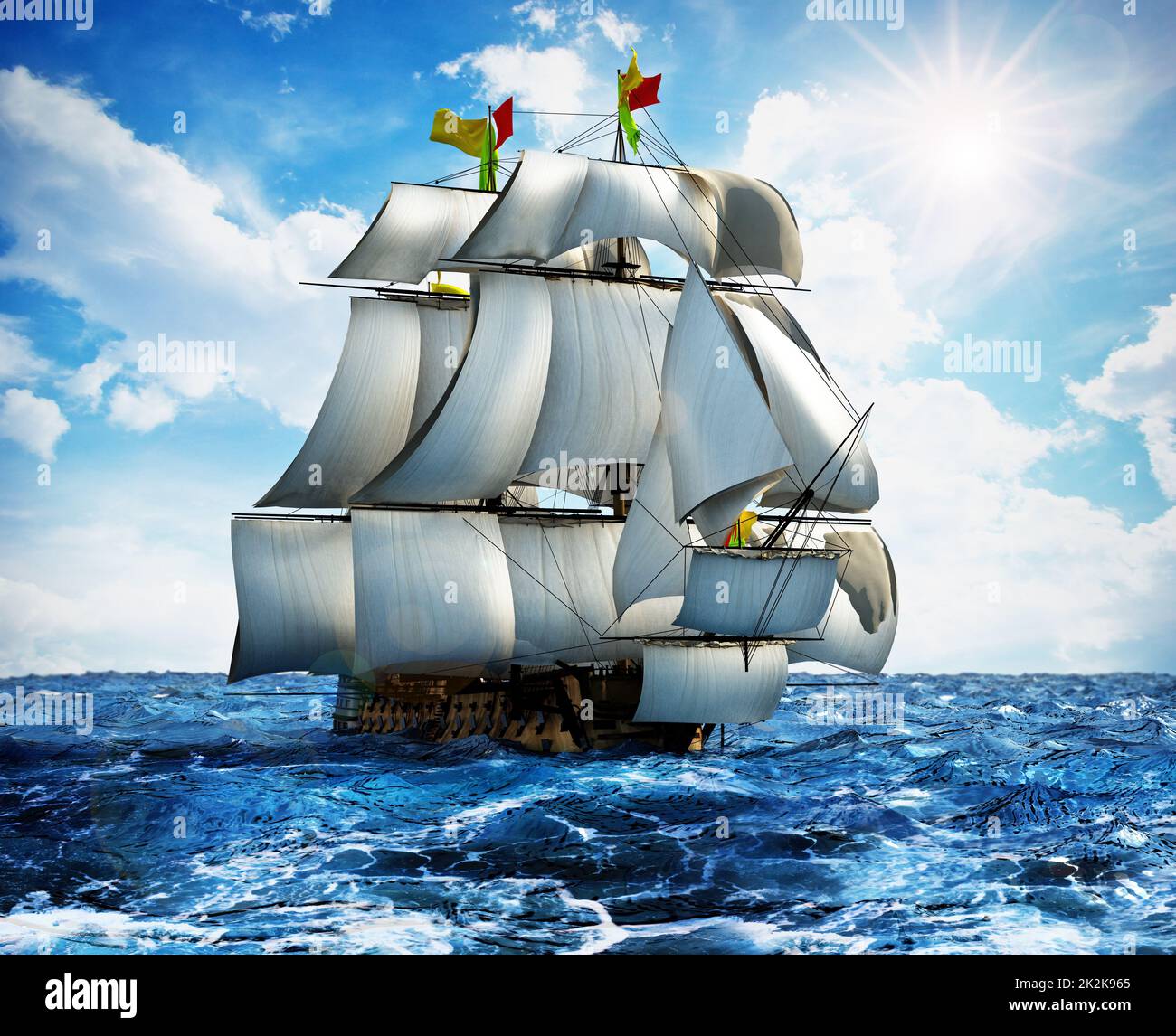 Vintage sailing ship at the sea under clear sky. 3D illustration Stock ...