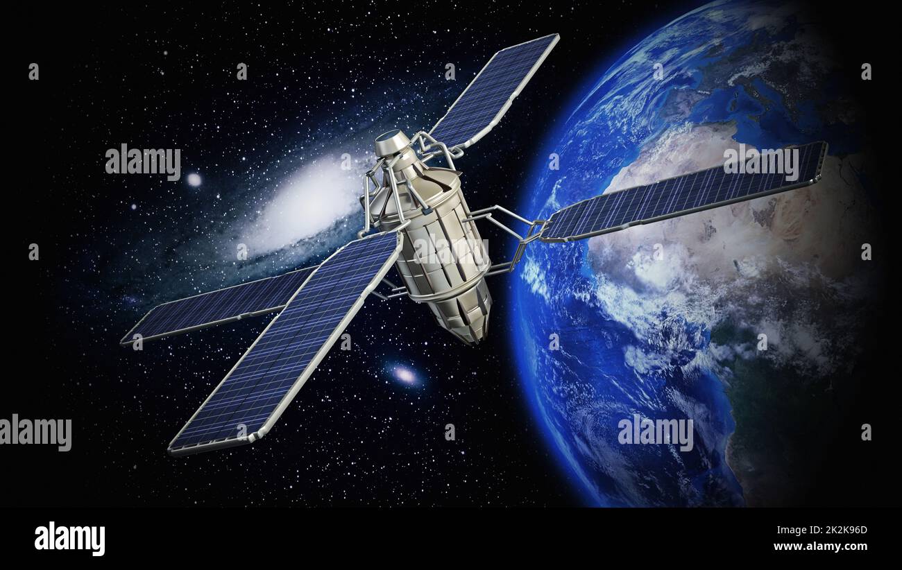 Communication satellite orbiting earth. 3D illustration Stock Photo - Alamy