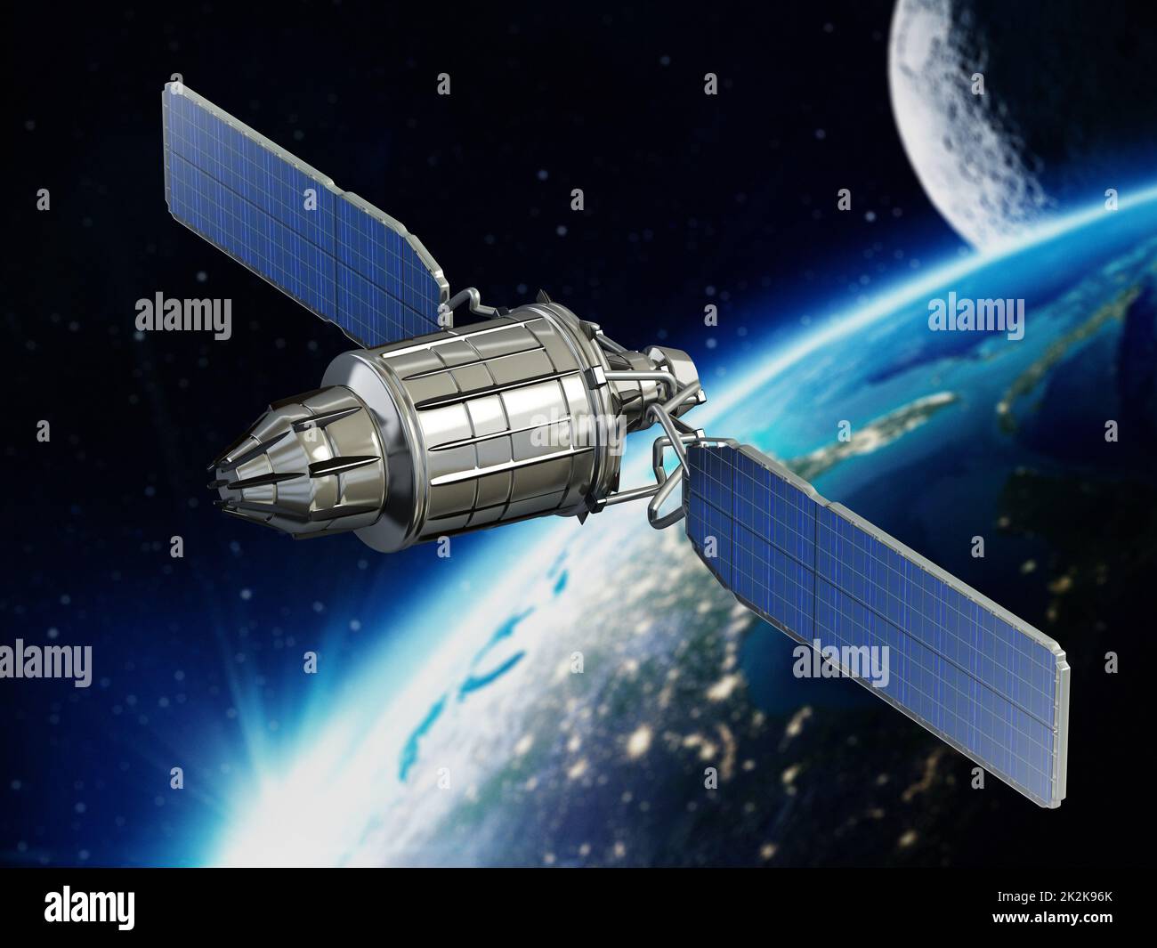 Communication satellite orbiting earth. 3D illustration Stock Photo - Alamy
