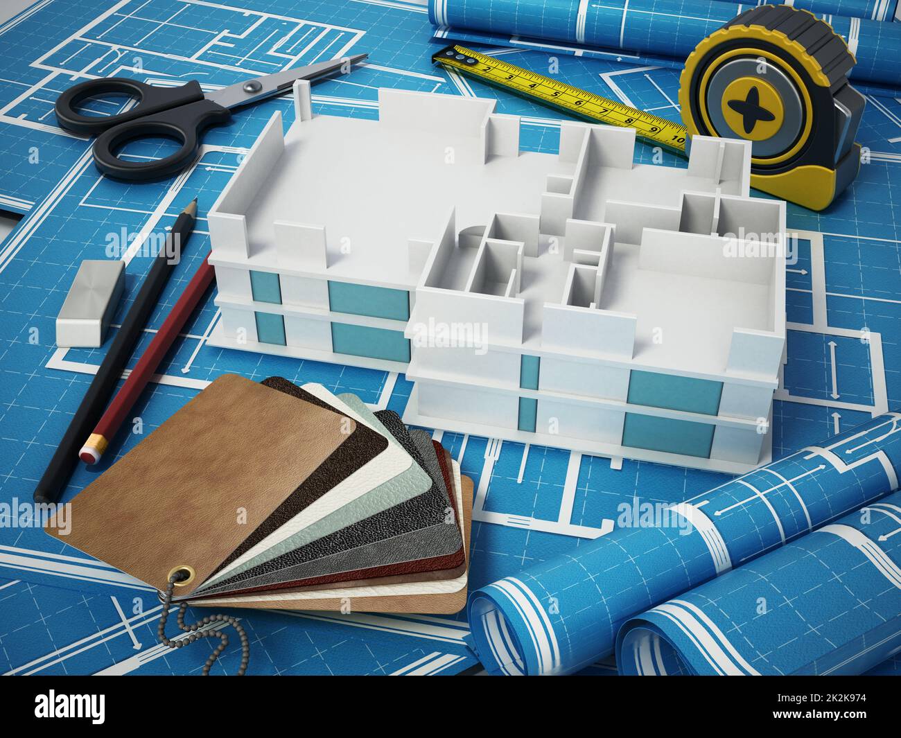 Home decorating tools standing on house bluprints. 3D illustration ...