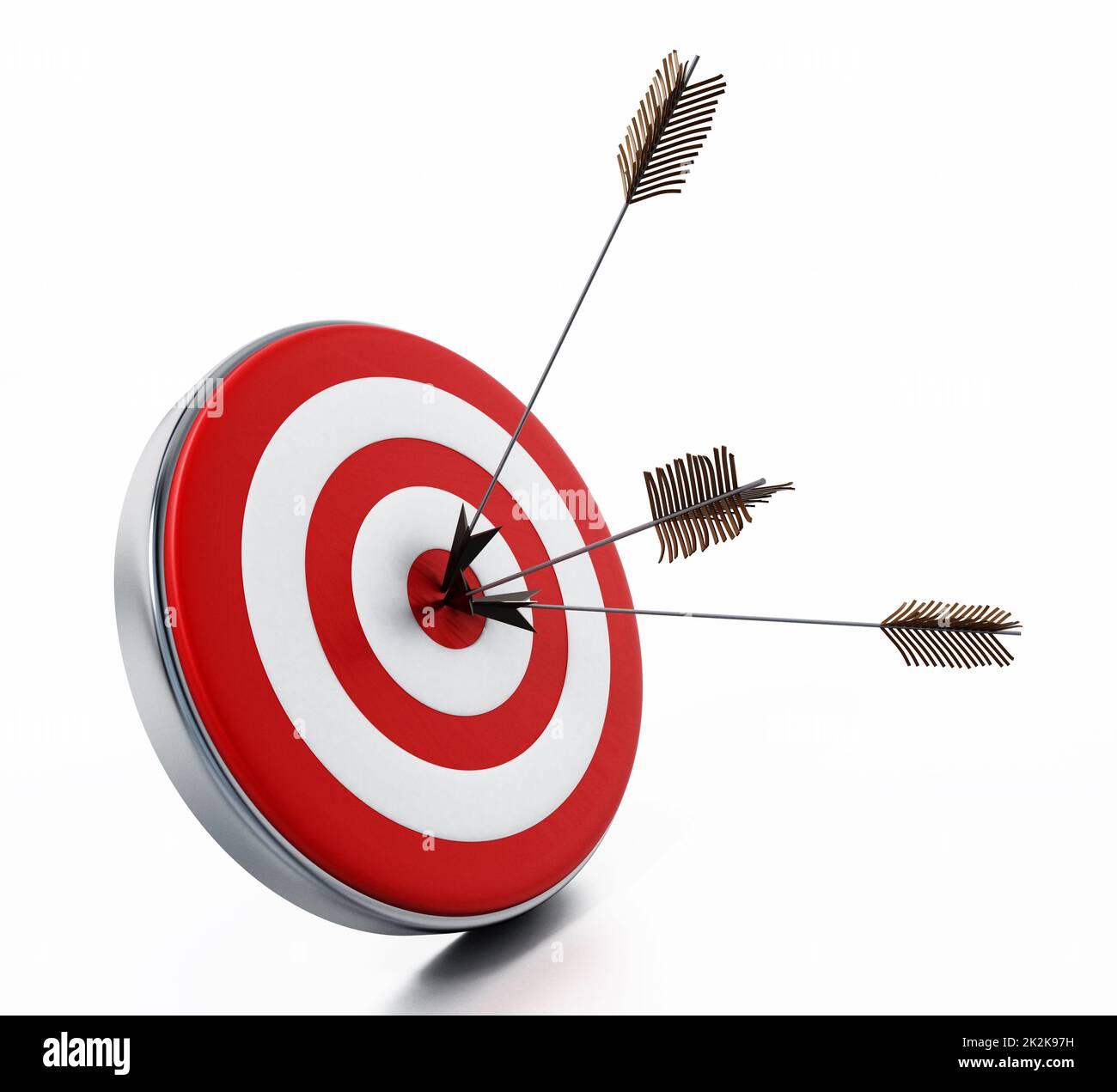 Arrows hit right on target bullseye. 3D illustration Stock Photo - Alamy