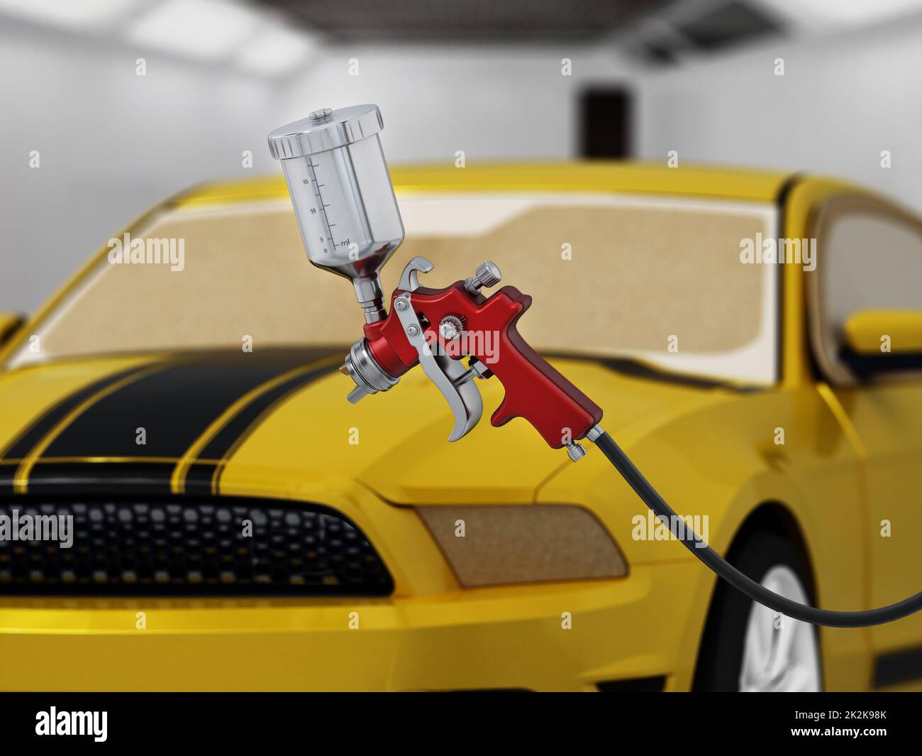 Paint gun spraying yellow paint over the car panels. 3D illustration ...