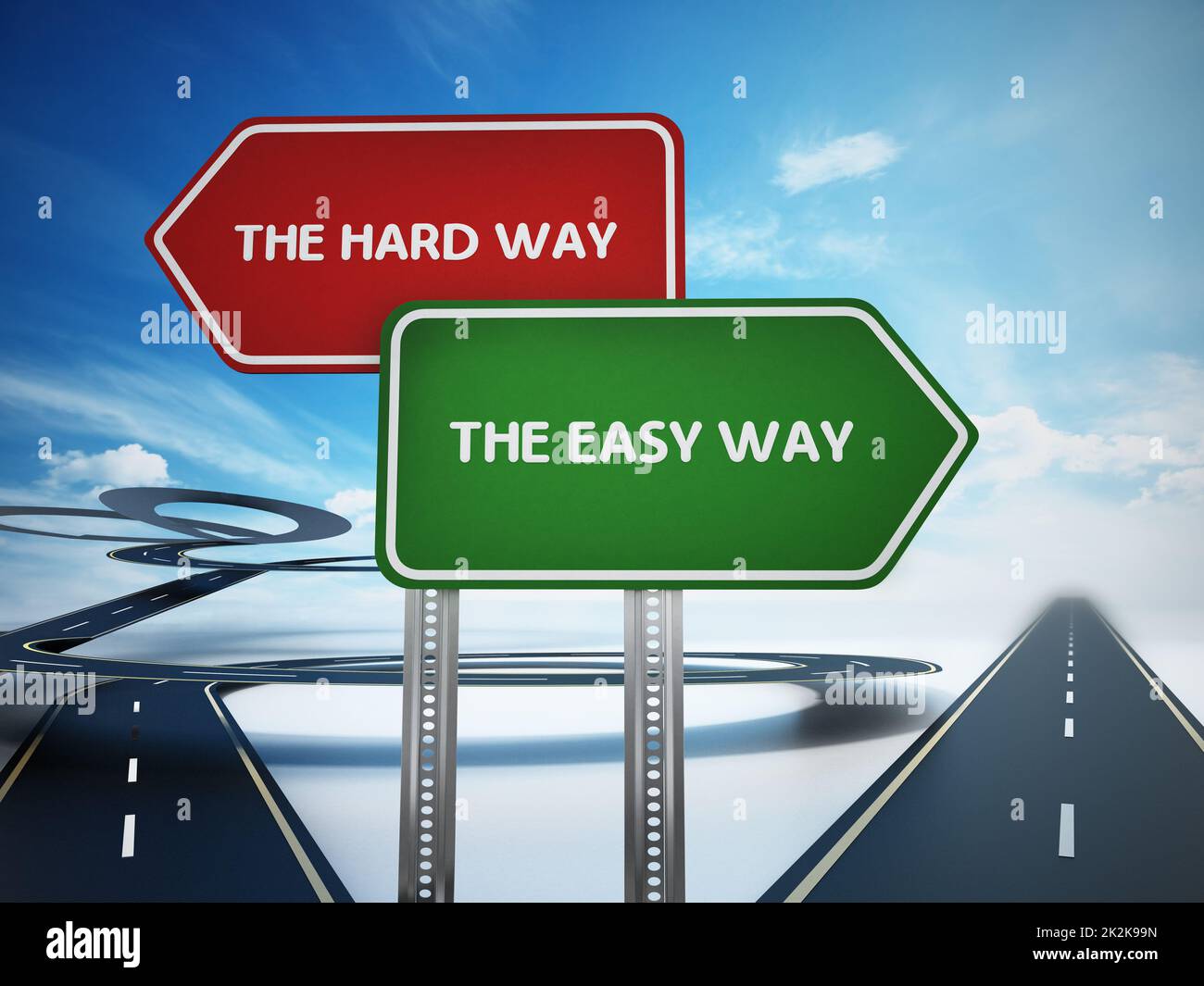 Easy and hard way signboards with curved and straight roads. 3D ...