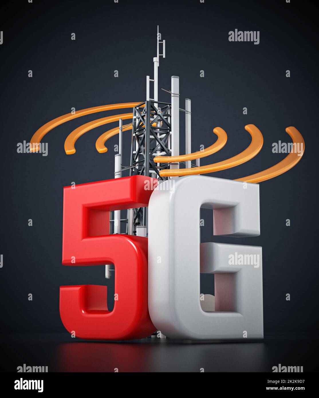 5G text and telecommunications tower with wave symbols. 3D illustration ...