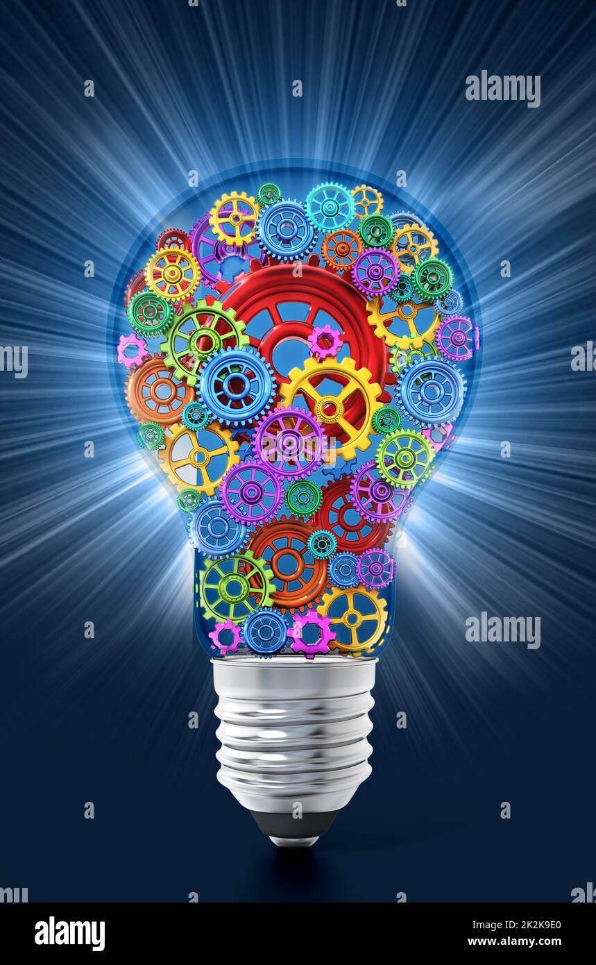 Multi colored gears in motion inside lightbulb. 3D illustration Stock ...