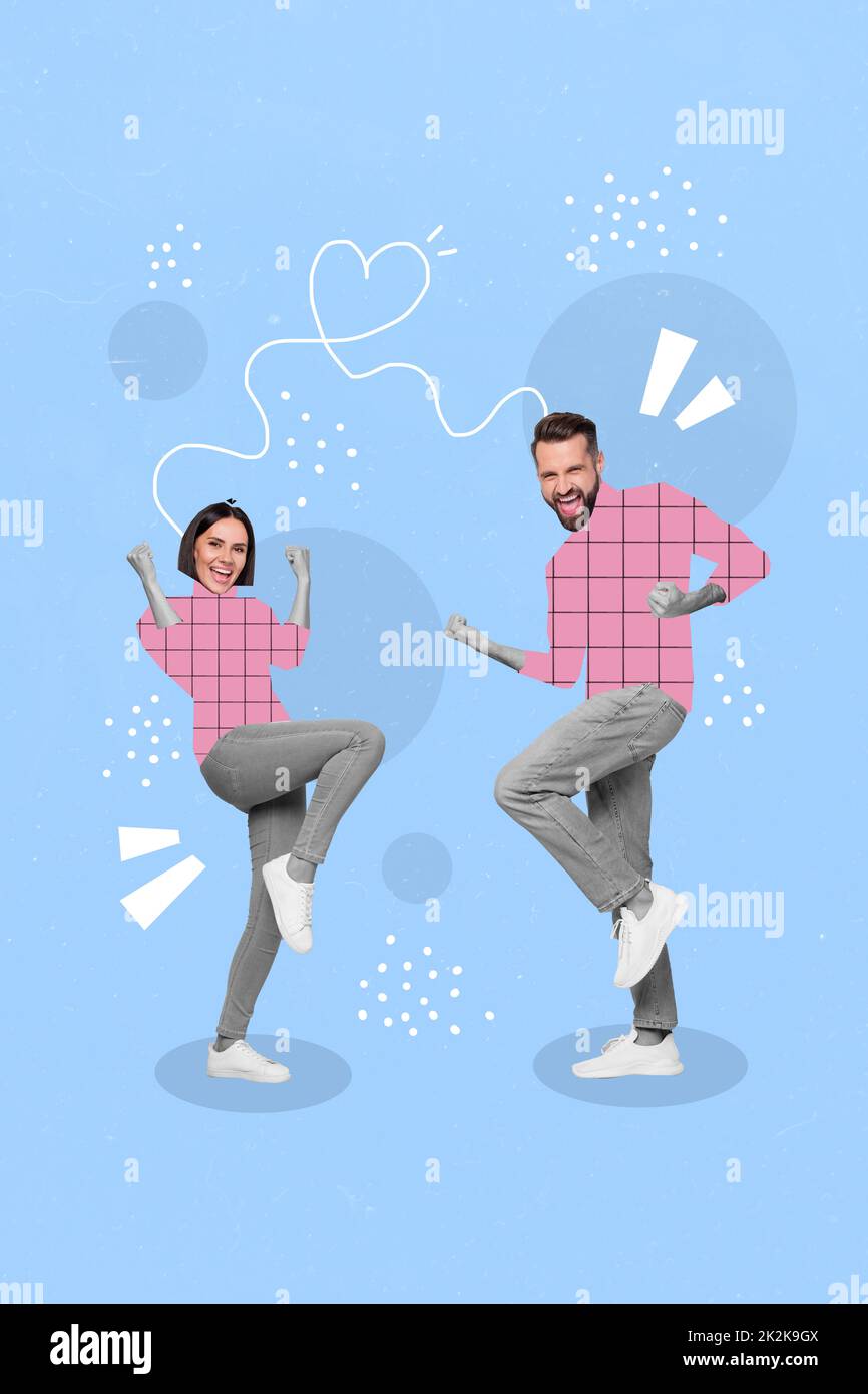 Vertical collage image of two delighted overjoyed people raise fists ...