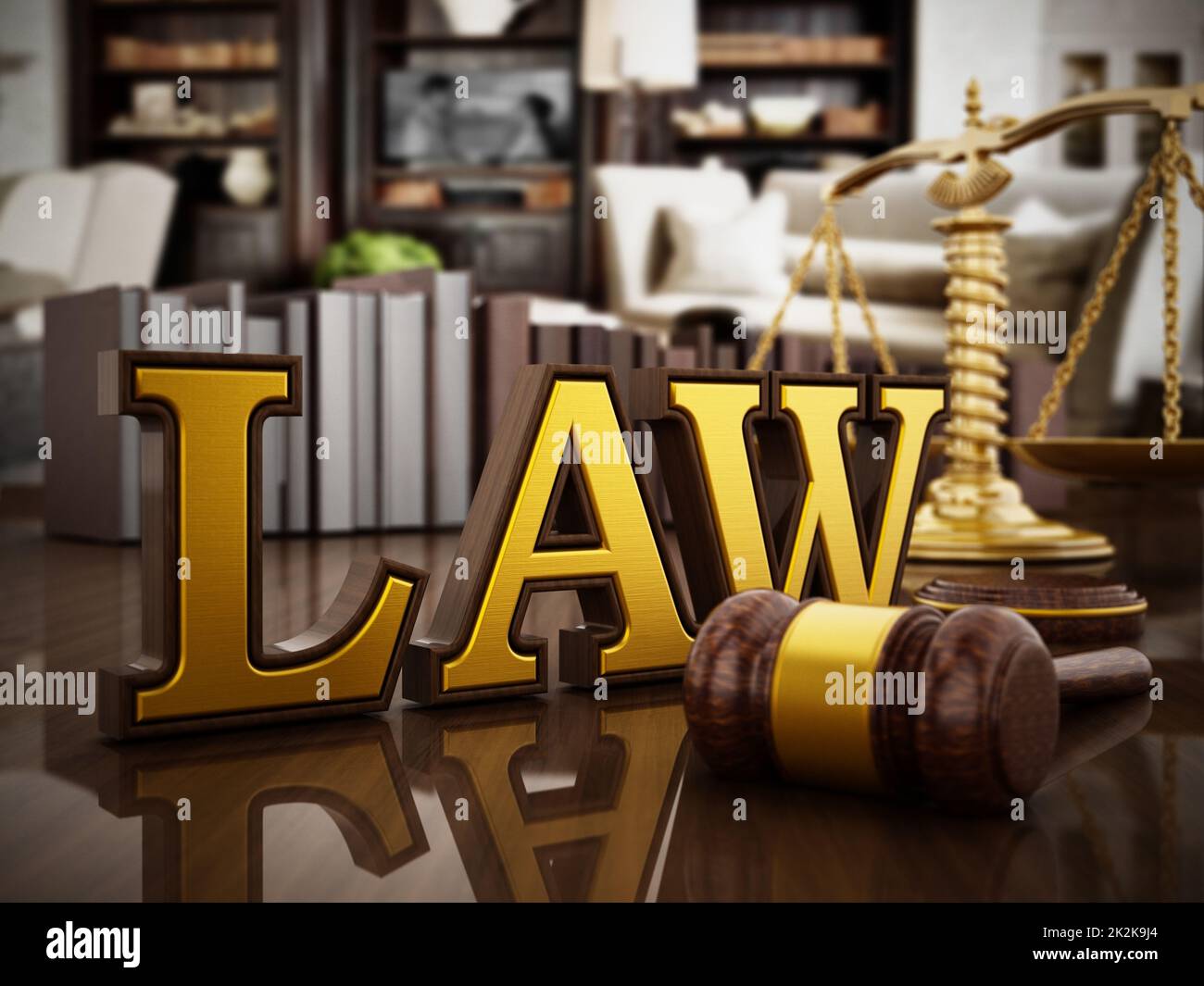 Law word, gavel and balanced scale on wooden table. 3D illustration ...