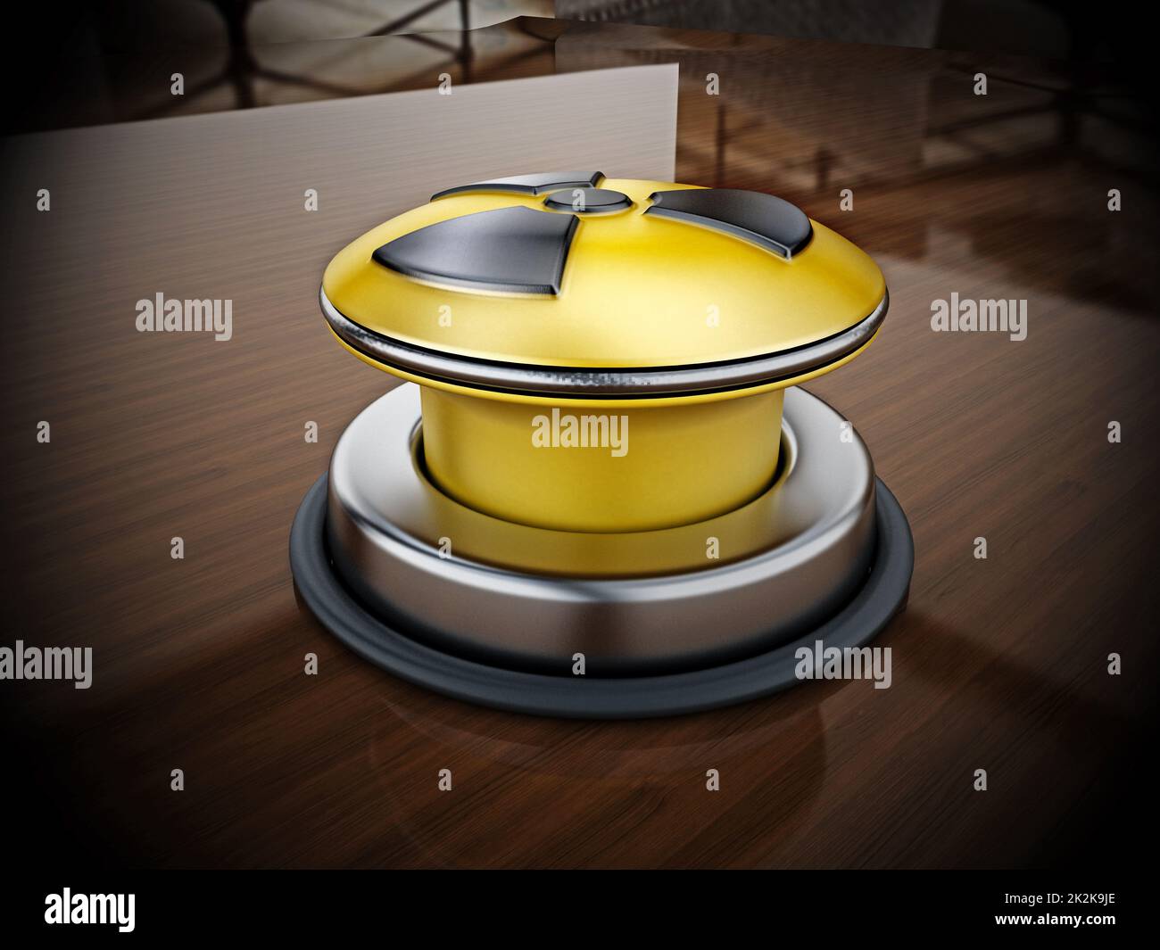 Nuclear launch button on reflective wooden table.. 3D illustration ...
