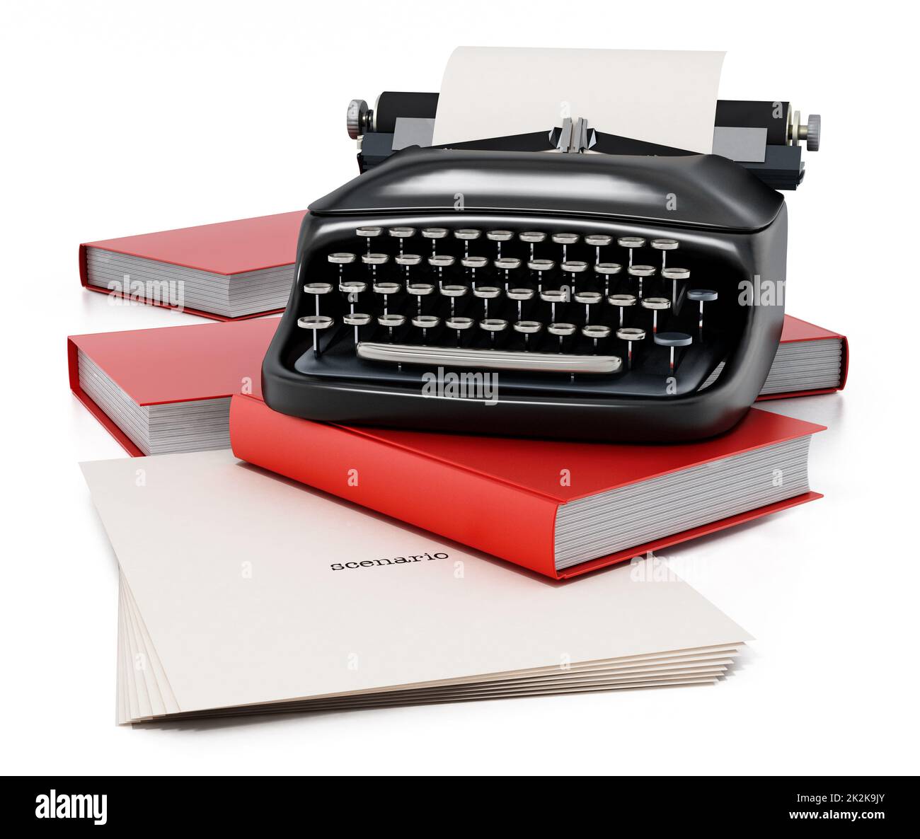 Typewriter, books and paper sheet with scenario text. 3D illustration ...