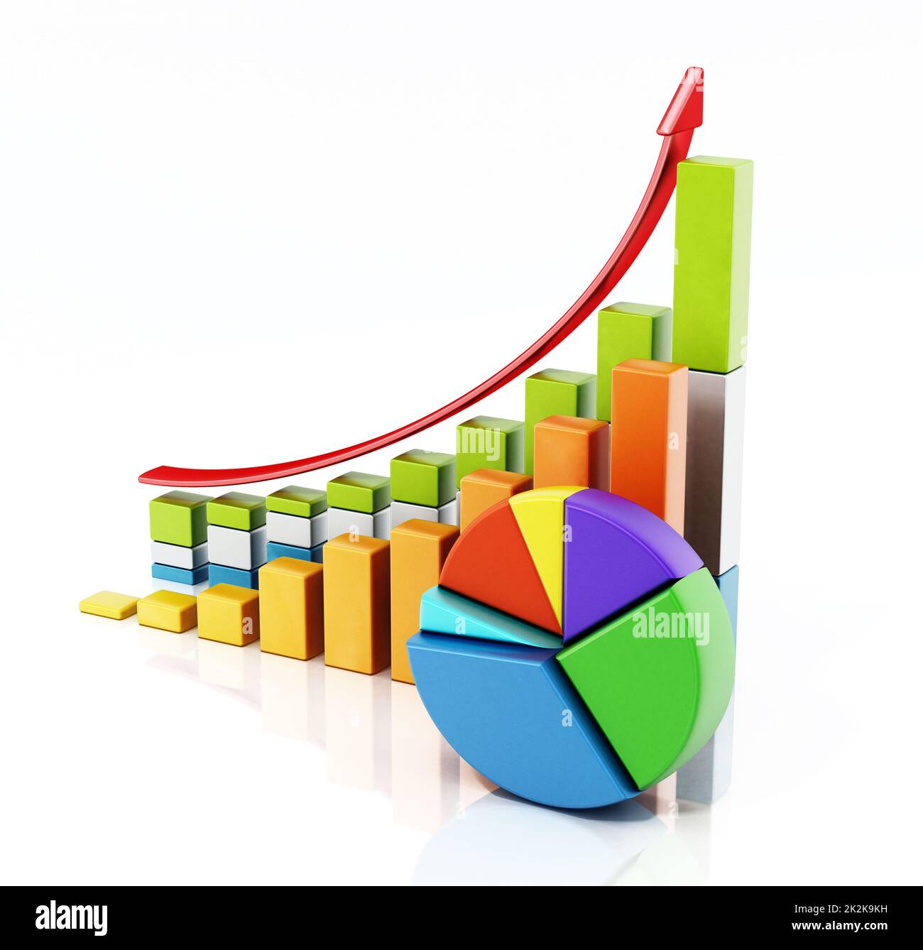 Rising sale bars and pie chart showing financial data. 3D illustration ...