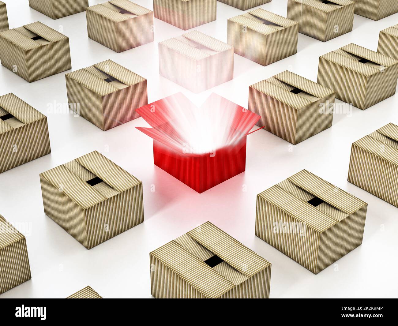 Red cardboard box with glowing light ray standing out. 3D illustration ...