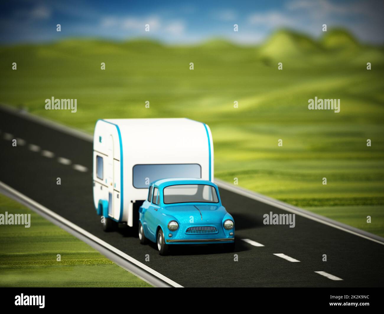 Blue vintage car on the road with caravan. 3D illustration Stock Photo ...