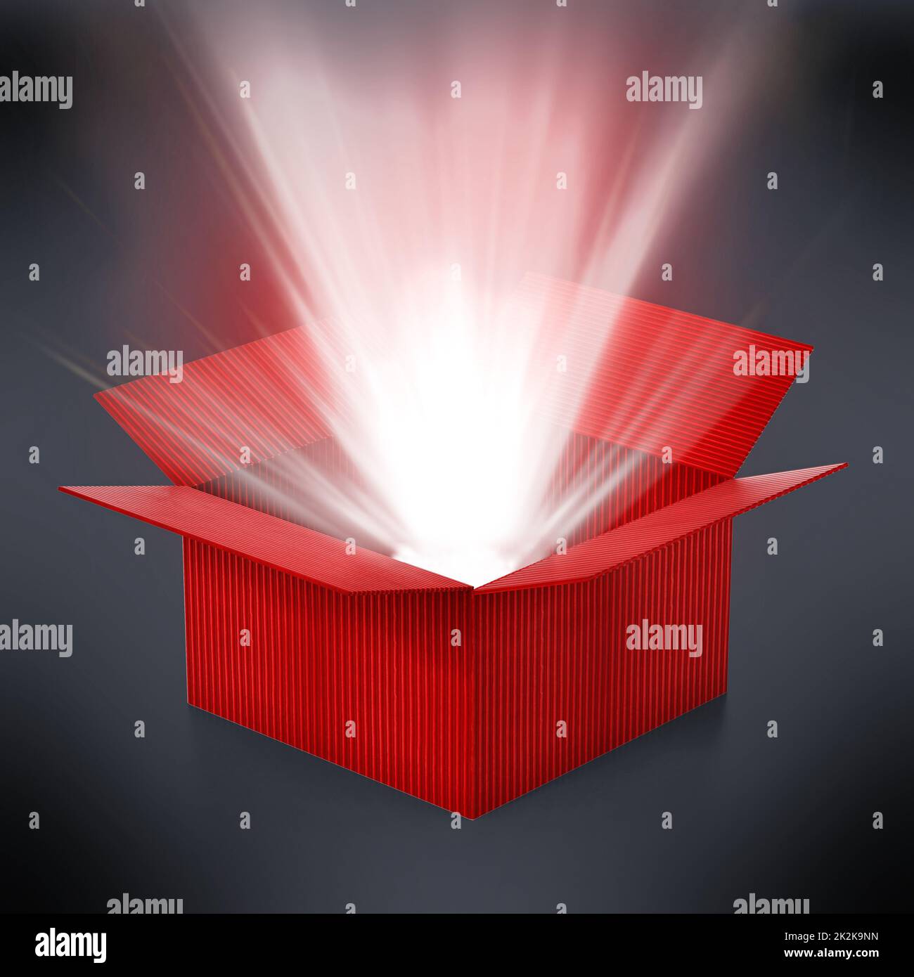 Red cardboard box with glowing light ray standing out. 3D illustration ...