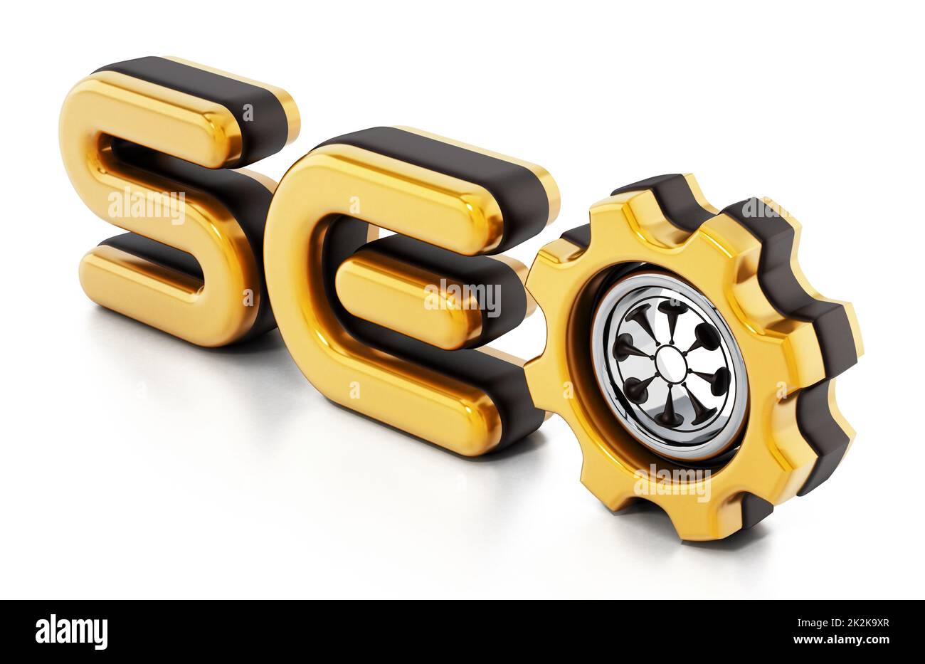 SEO word with a gear inside letter o. 3D illustration Stock Photo - Alamy