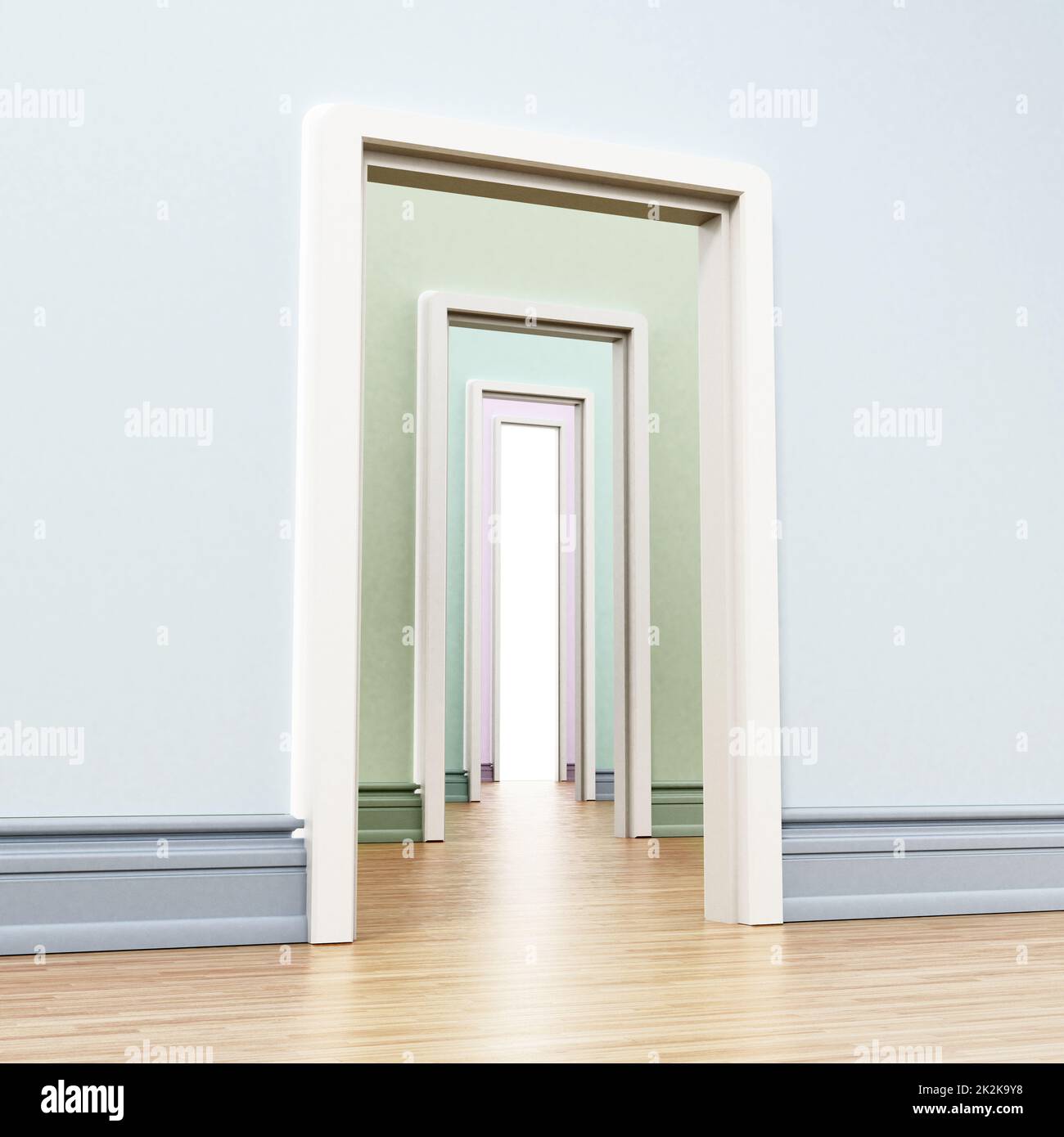 Hallway with many doors opening to each other. 3D illustration Stock ...