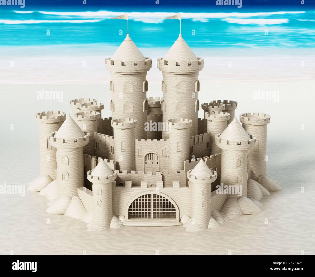 Elaborate sandcastle standing the seashore. 3D illustration Stock Photo ...