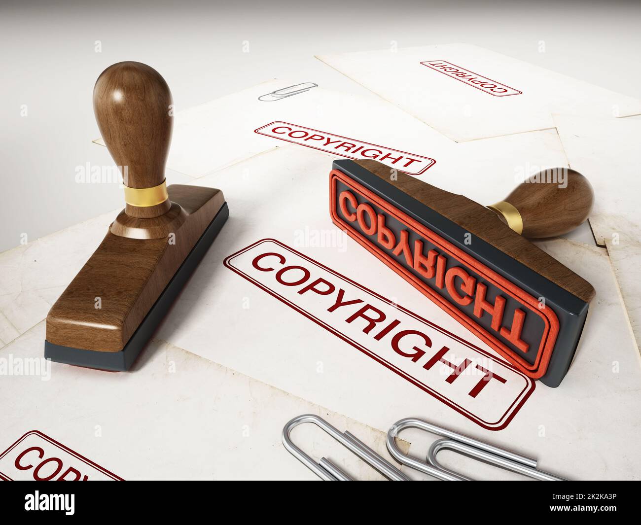 Copyright stamp standing on documents. 3D illustration Stock Photo - Alamy