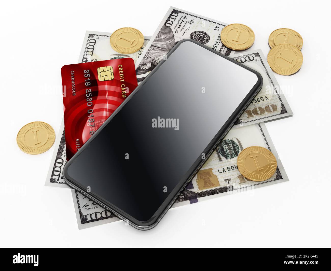 Smartphone, credit card and bills isolated on white background. 3D ...