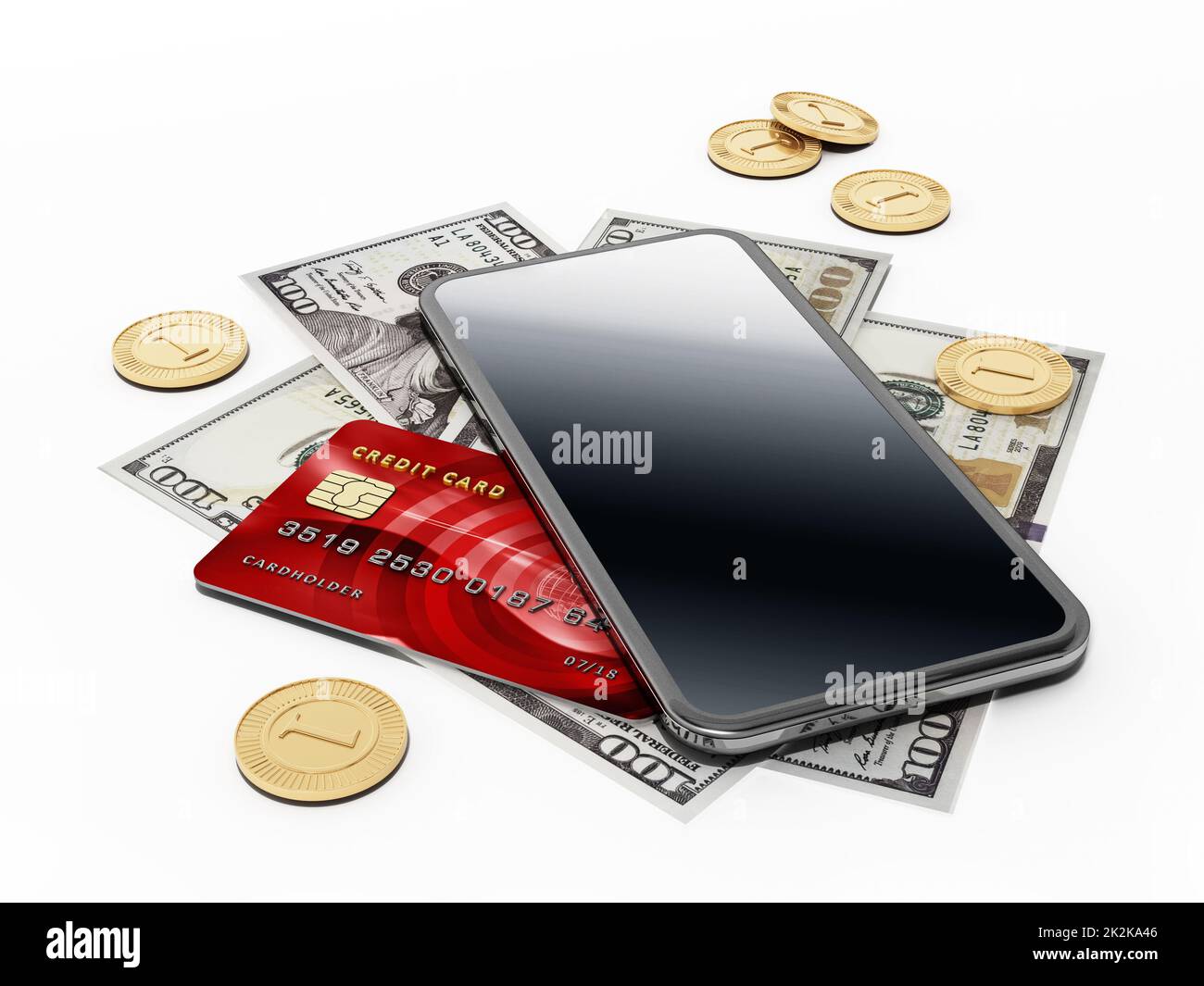 Smartphone, credit card and bills isolated on white background. 3D ...