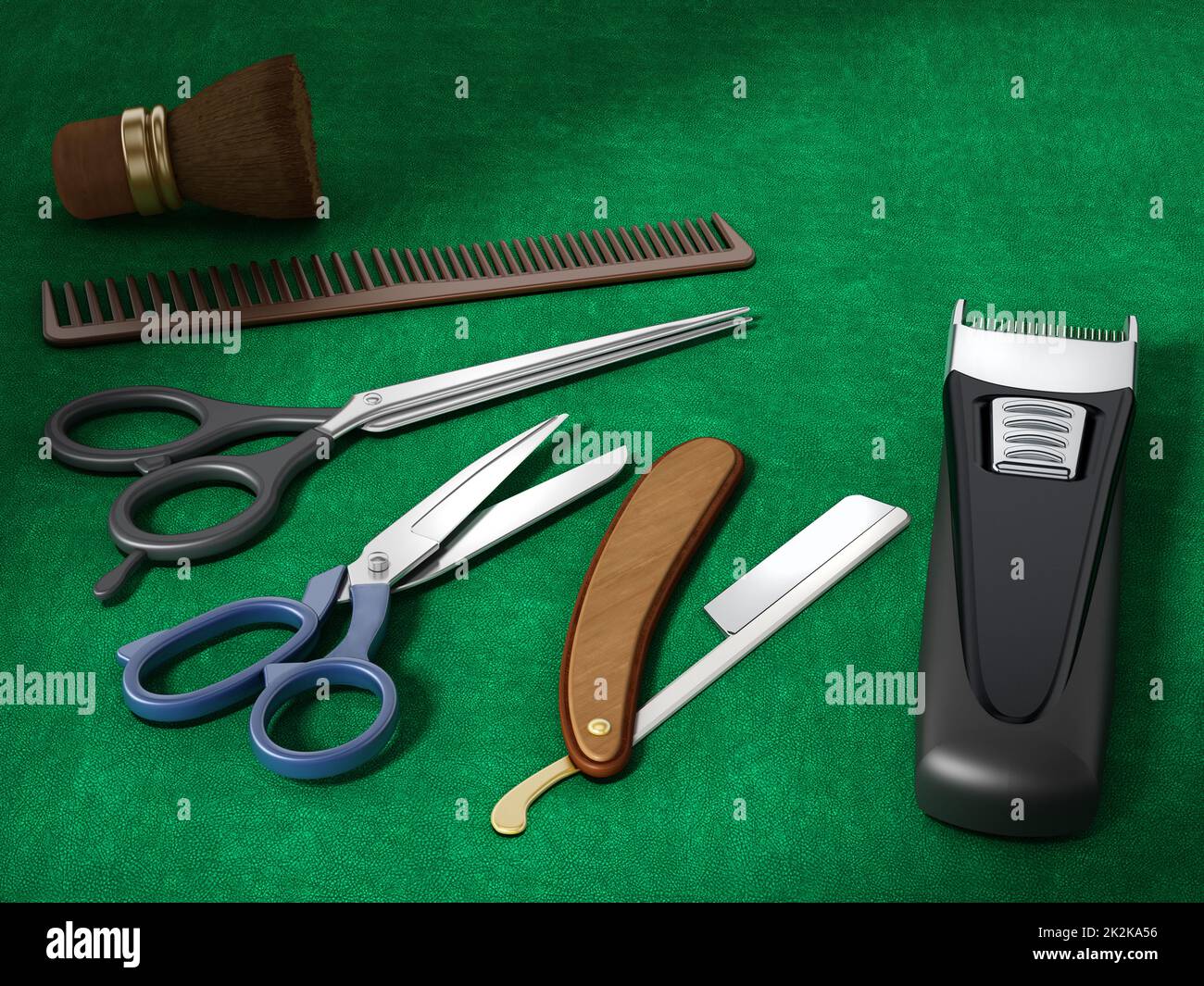 Barber tools standing on green background. 3D illustration Stock Photo ...