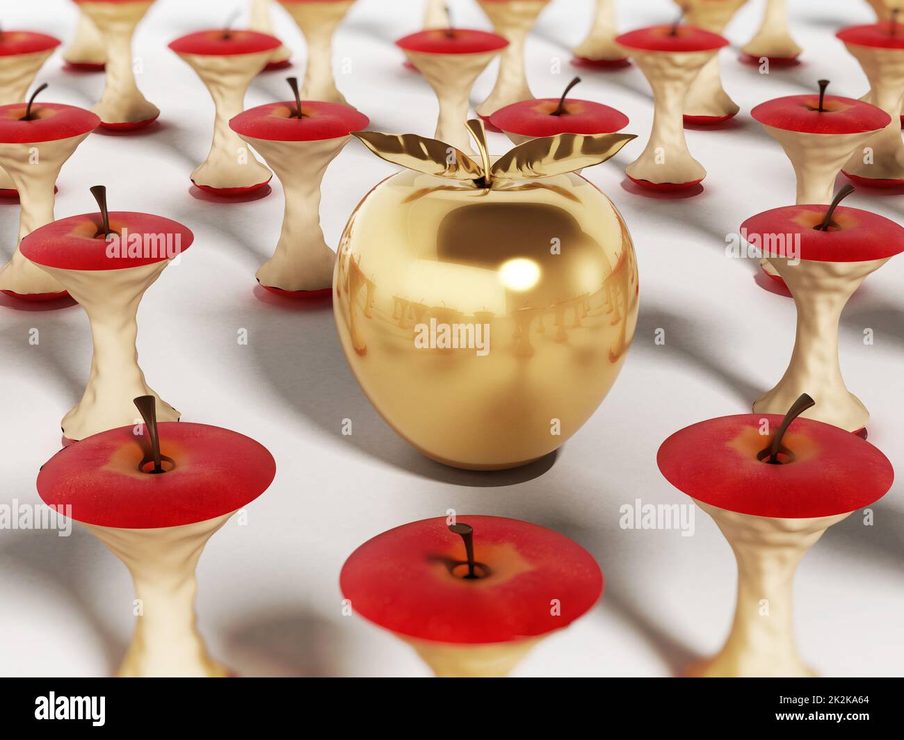 Golden apple standing out among eaten apple cores. 3D illustration ...